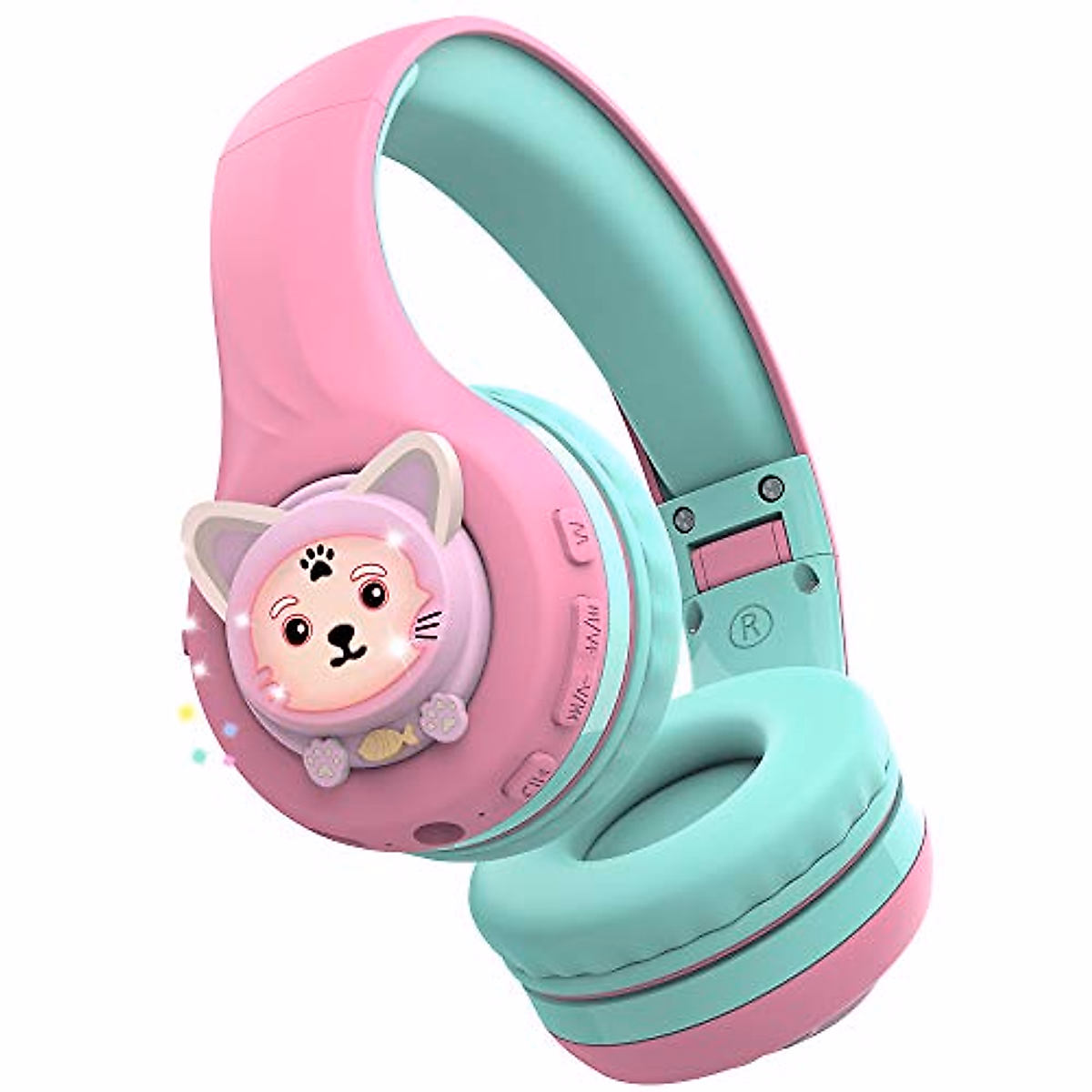 Riwbox Kids Headphones, CB-7S Cat Kids Toddler Headphones with LED Light, 75/85/95dB Volume Limited, Kids Bluetooth Headphones with Mic for School/Tablet/Girls (Pink)