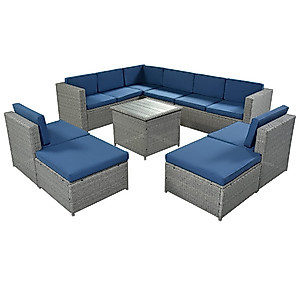 Goohome 9 Pcs Patio Furniture Sets, Outdoor Couch All Weather PE Wicker Ratten Sectional Sofa w/Coffee Table, Comforty Ottoman, for Garden Lawn Backyard, G-Blue Cushions