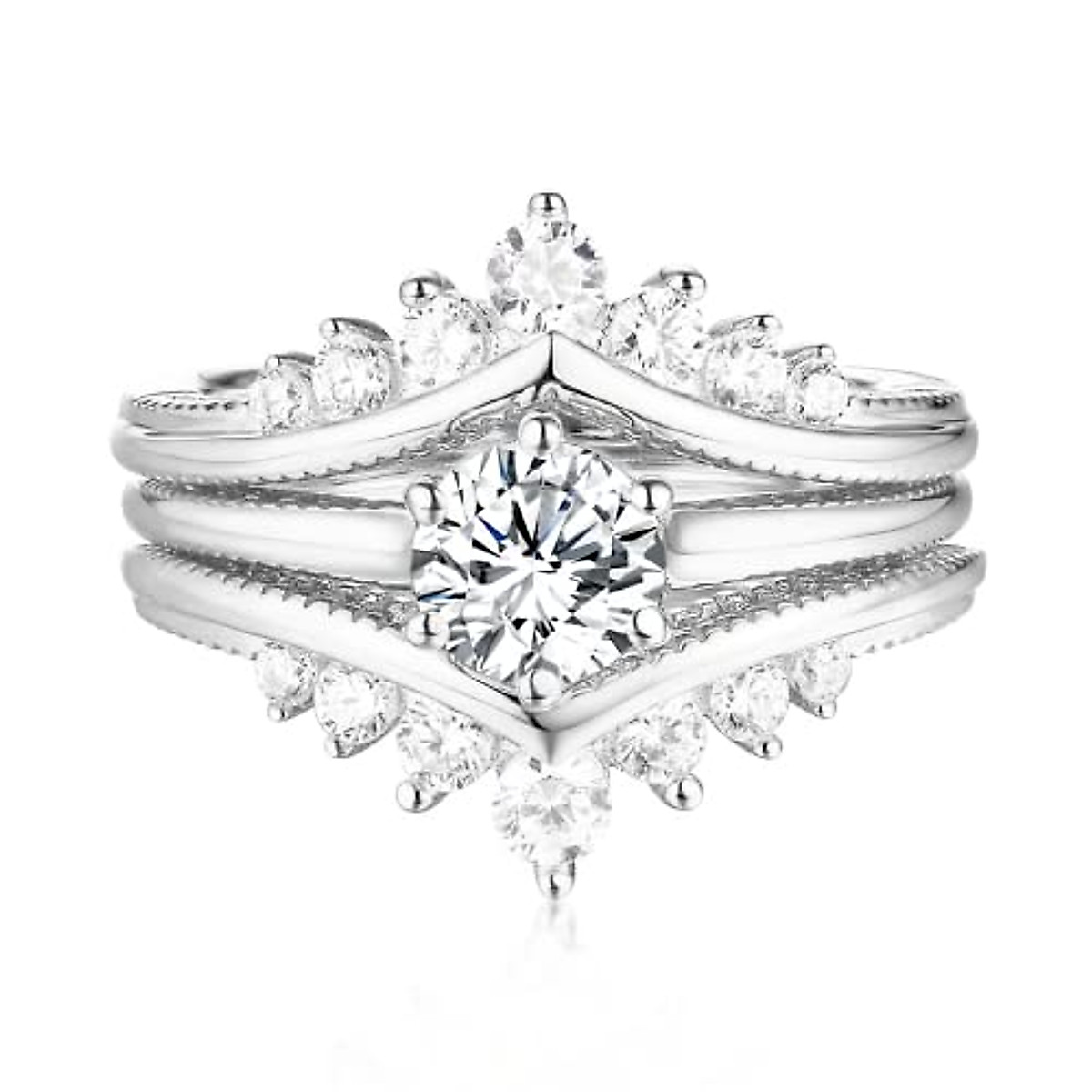 Engagement Ring for Women Bridal Sets 1Ct Round Moissanite Engagement Ring Set 3 Piece Set Wedding Ring Set Platinum Plated Silver Promise Rings Anniversary size10.5
