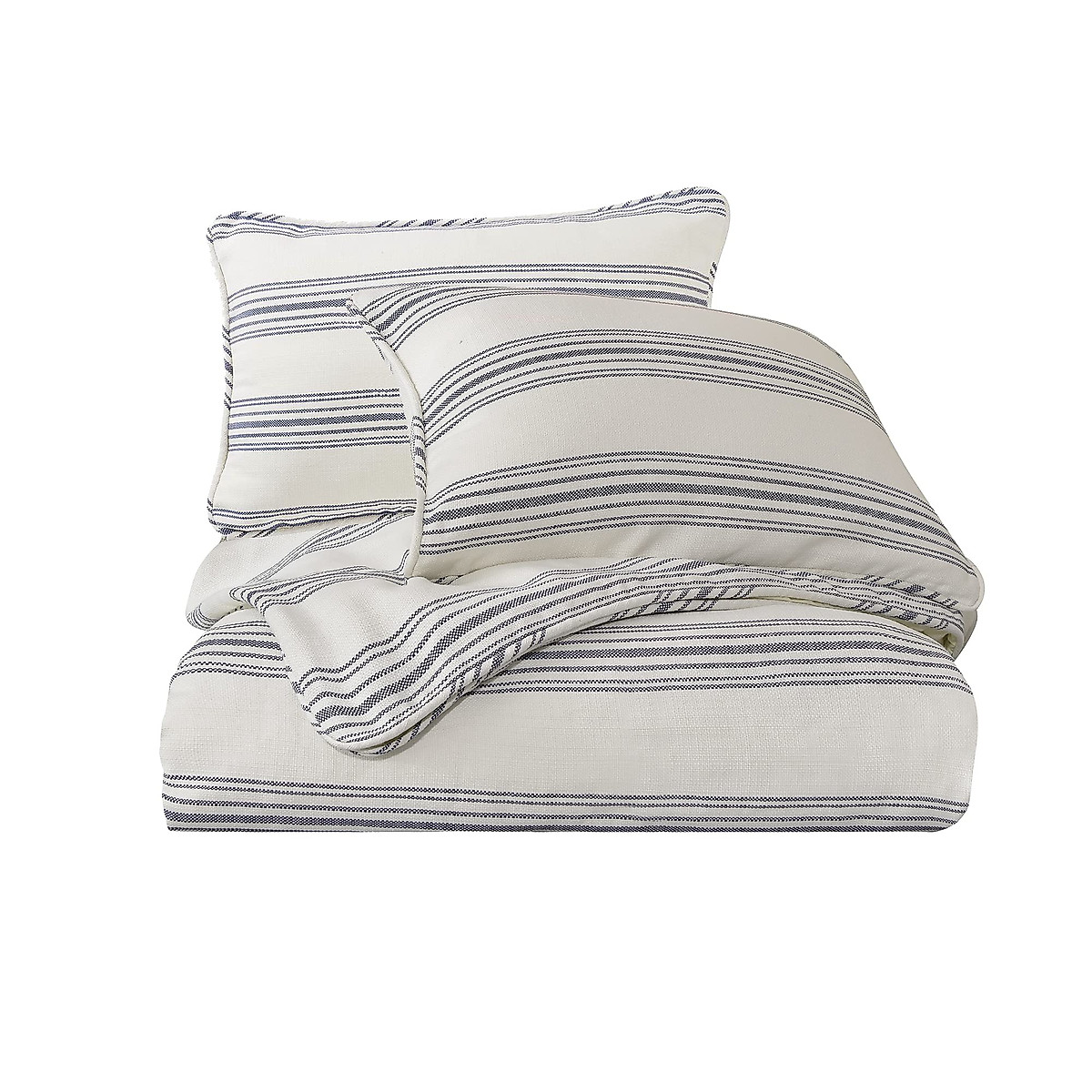 HiEnd Accents Prescott Farmhouse Bedding, 3 Piece Super King Size Striped Comforter Set with Pillow Shams, Ivory Navy Ticking Stripes Pattern, Chic Casual Coastal Boho Style Bed Set