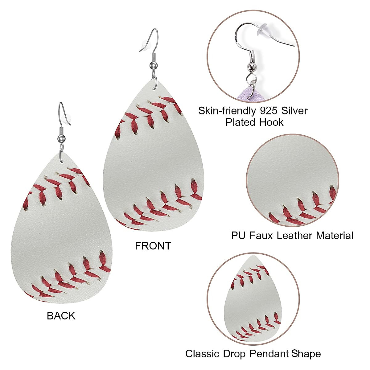 Zokola Baseball Faux Leather Earrings, Abstract Sport Baseball Texture Cute Pendants Earrings Teardrop Dangle Leather Earrings Holiday Earrings Making Supplies