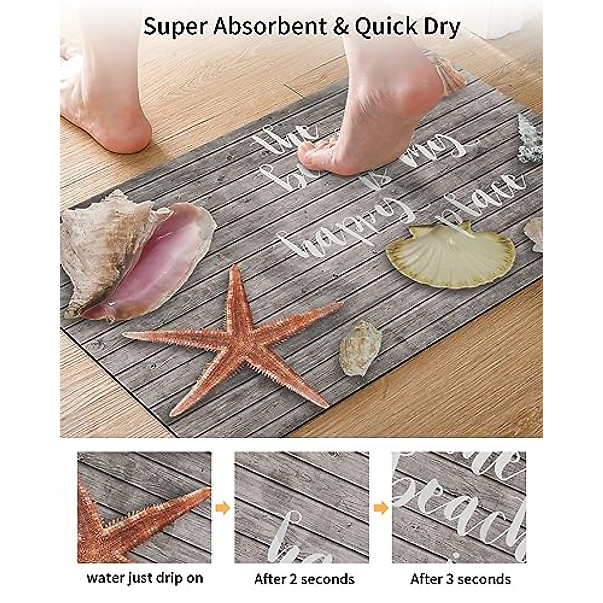 Gogobebe Super Absorbent Diatom Mud Mat Starfish Shell Conch on Vintage Wooden Planks Quick-Drying Thin Bath Mat Non-Slip Bathtub Mat Anti-Skid Rubber Bathroom Shower Mat 16x24in