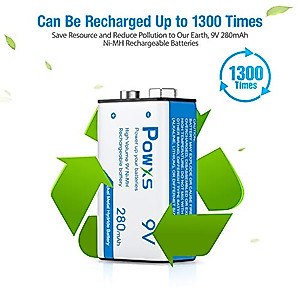 POWXS Rechargeable 9v Batteries with Charger, 2 Count High Performance NIMH 9 Volt Rechargeable Battery for Smoke Alarms Guitar Cameras Toys and More