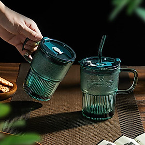 LOVWISH Glass Cups with Lids and Straw,15OZ Drinking Glasses with Handle, Suitable for Men and Women Drinking Water, Coffee, Tea, Juice, Beer -[2 Pack]