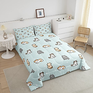 Cartoon Cat Comforter Set for Girls Kids Kawaii Cats Print Comforter Cute Kitten Animal Room Decorative Bedding Set Cat Lover's Gift Green Duvet Set Twin Size 2Pcs Quilt Set