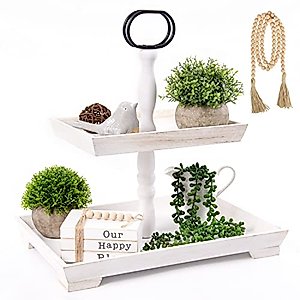 Perfnique Tiered Tray Stand, White Wooden 2 Tier Tray with 58in Wood Bead Garland, Serving Tray, Farmhouse Rustic Home Kitchen Decor, Morden Decorations Set for Shelf Coffee Bar Table (White)