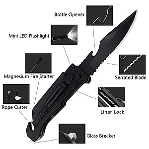 CHELONIAN Engraved Folding Knives for Men,6 in 1 Pocket Knives with Fire Starter,Flashlight,Bottle Opener,Glass Breaker,Birthday Gifts for husband