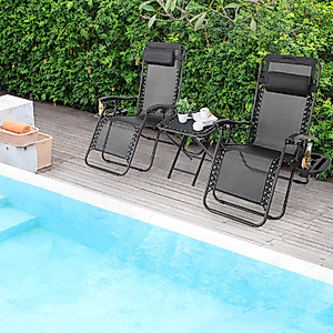 AthLike Outdoor Textilene Zero Gravity Chairs Set, Adjustable & Folding Patio Lawn Reclining Lounge, Anti-Gravity Camping Metal Steel Chair w/Side Table, Cup Holders, Pillows (Black)