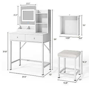 Gizoon Vanity Desk with Mirror and Lights Makeup Vanity Desk with Lights and Chair Small Vanity Table with Drawers for Girls Kids and Women in Bedroom Bathroom and Closet Room, White