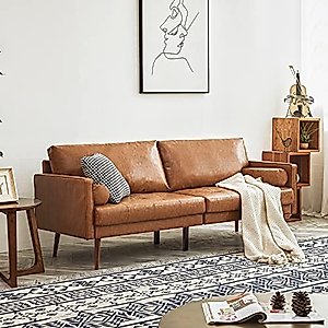 Vonanda Faux Leather Sofa Couch, Mid-Century 73 Inch 3 Seater Leather Couch with Hand-Stitched Comfort Cushion and Bolster Pillows for Living Room,Elegant Cognac Tan