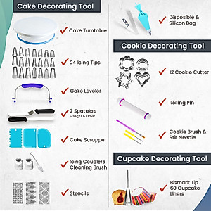 RFAQK 150PCs Cake Decorating Kit Baking Supplies Tools with Ebook and Booklet, 3in1 Cake Turntable for Decorating Cakes Cupcakes Cookies with Piping Bags and Tips Set, Leveler, Spatula & much more
