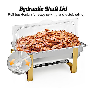 Restlrious Chafing Dish Buffet Set with Roll Top Plastic Cover 2 Pack, Stainless Steel 8 QT Rectangular Chafers and Buffet Warmers Complete Set w/Food Pan Water Pan, Fuel Holder in Gold Accent