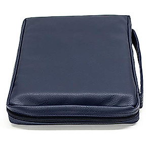 Blue Embossed Cross with Front Pocket Leather Look Bible Cover with Handle, X-Large