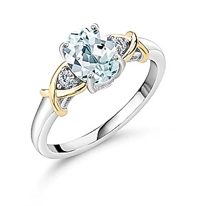 Gem Stone King 2 Tone 10K Yellow Gold and 925 Sterling Silver Sky Blue Aquamarine and White Lab Grown Diamond Ring For Women (1.28 Cttw, Available in Size 5,6,7,8,9)