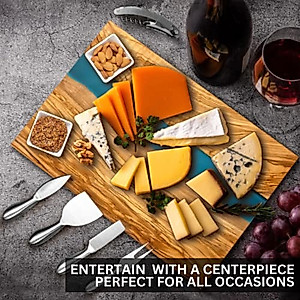 Handcrafted Italian Olive Wood Cheese & Charcuterie Board Set with Unique Blue Resin Artwork - Cutting Board Comes with 4 Cheese Knives, 2 Dipping Bowls & Corkscrew Wine Opener (Blue)