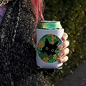 St. Patrick's Day Black Cat Shamrock Can Cooler - Drink Sleeve Hugger Collapsible Insulator - Beverage Insulated Holder