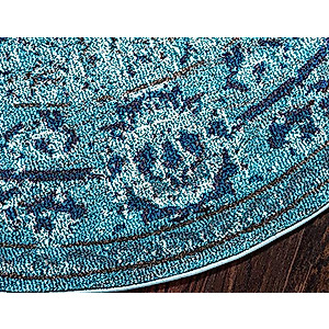 Rugs.com Fleur Collection Rug – 3' Round Light Blue Medium-Pile Rug Perfect for Kitchens, Dining Rooms