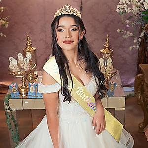 YISSION Birthday Girl Sash & Crown Gold Princess Tiara Crown for Women Girls Happy Birthday Queen Crown & Sash Birthday Tiaras & Crowns for Women Crystal Birthday Headband Birthday Party Decorations