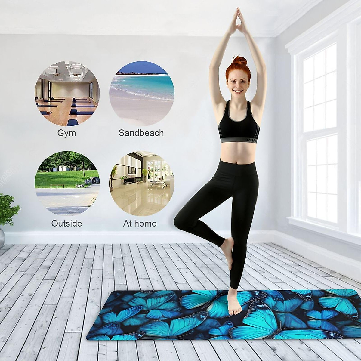 GOODOLD Blue Butterflies Yoga Mat, 71 x 26 Inch Non-slip Yoga Mats Folding Travel Exercise Mat Indoor Outdoor Gym Pilates with Storage Bag for Women Men