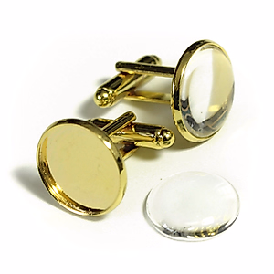 ALL in ONE Cufflinks Cuff Links Button Cabochon Blank Trays Frame with Clear Glass Dome (Gold 16mm - 10 Sets)