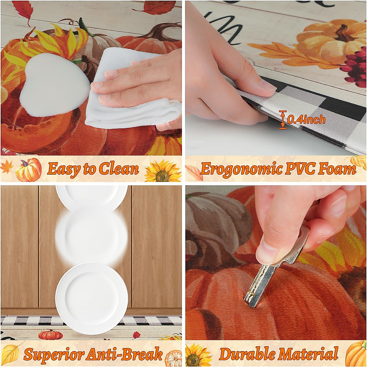 Alishomtll Fall Kitchen Mats for Floor, Set of 2 Anti Fatigue Autumn Pumpkin Kitchen Mats, Fall Decor Kitchen Rugs for Autumn, Thanksgiving, 17x30 and 17x47 Inch
