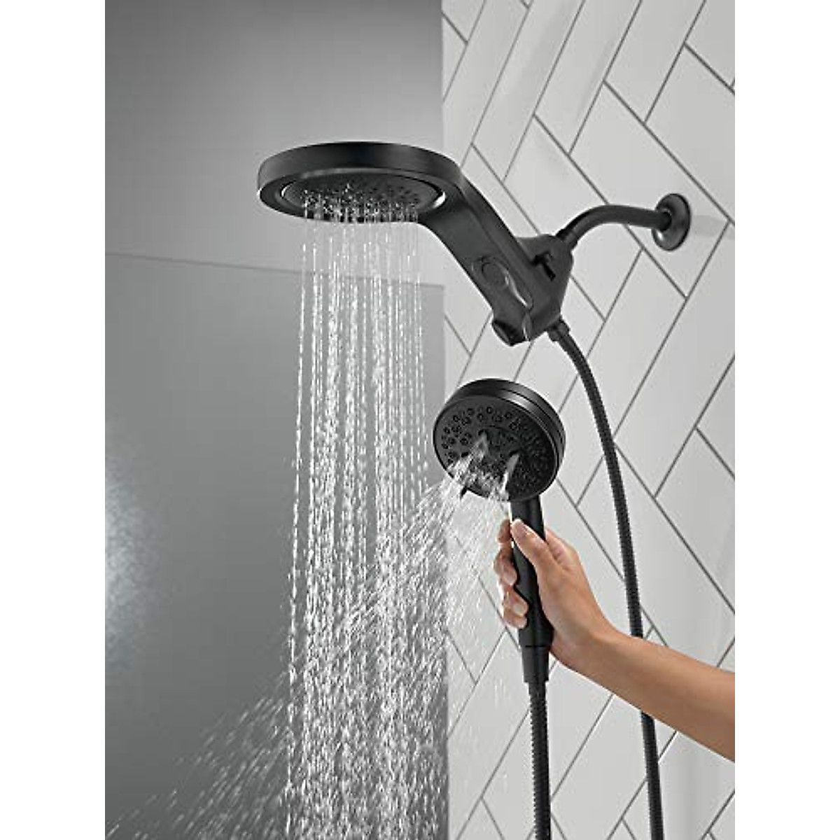 Delta Faucet HydroRain 2-in-1 Matte Black Rain Shower Head with 5-Spray In2ition Dual Shower Head with Handheld Spray, H2Okinetic Matte Black Shower Head with Hose, Matte Black 58680-BL25