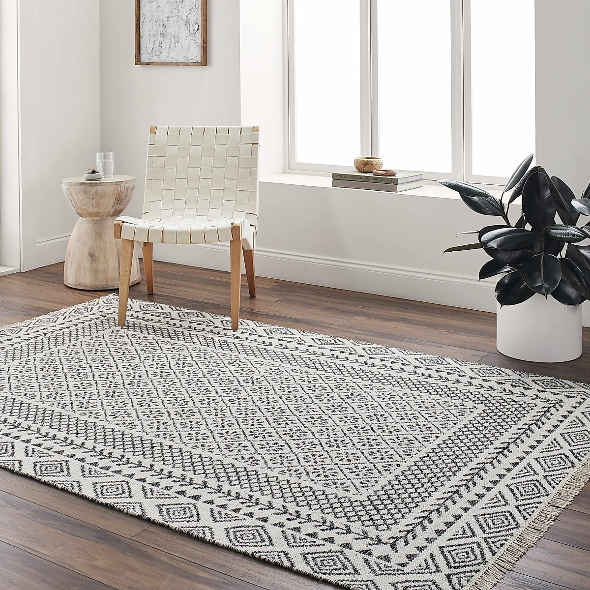 Hauteloom Hulda Wool Living Room, Bedroom Area Rug - Bordered - Boho, Bohemian Carpet - Modern Farmhouse - Gray, Black, White - 8' x 10'