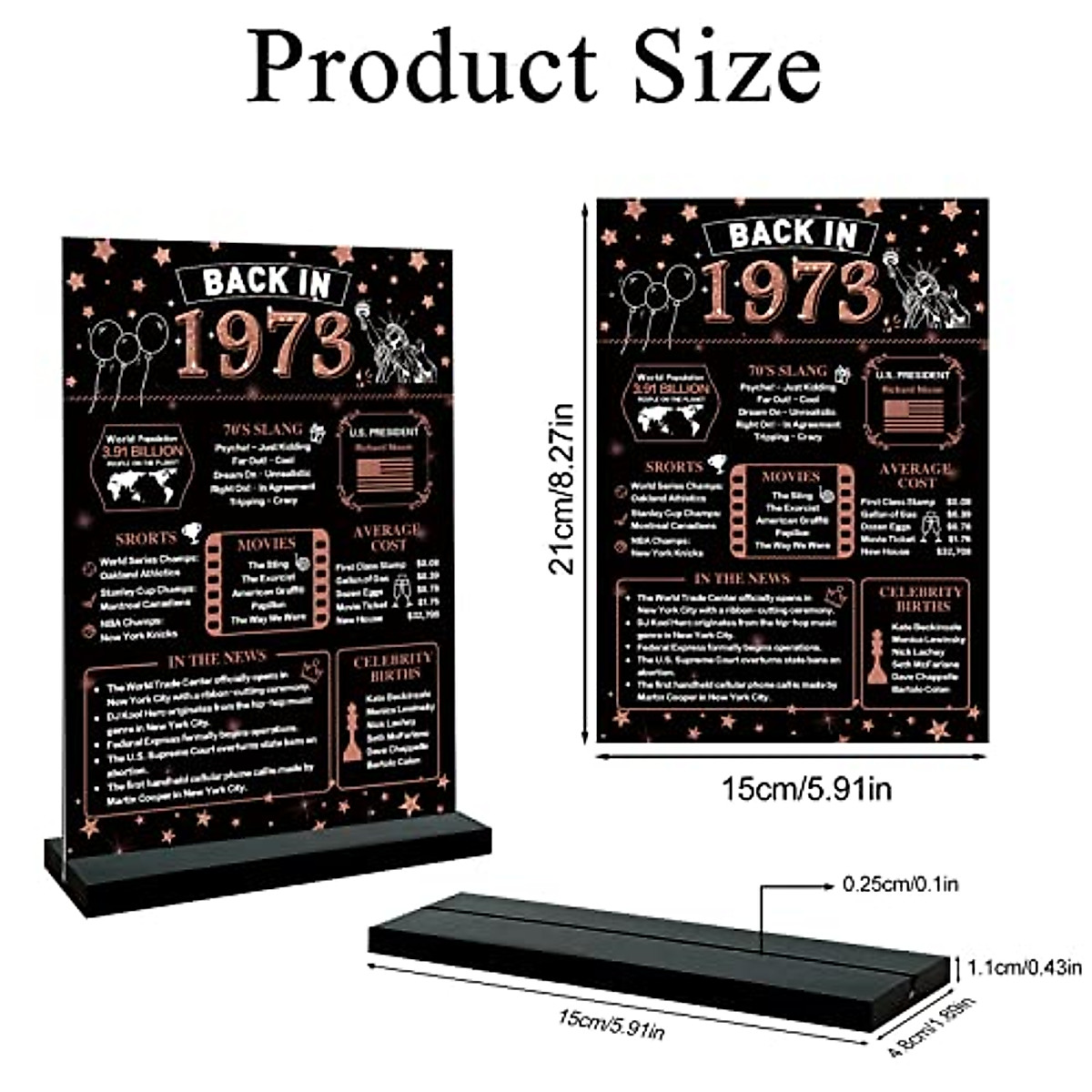 Holkcog 50th Birthday Decorations Women Men, Rose Gold Back in 1973 Poster Acrylic Sign with Stand Centerpieces, 50th Anniversary Decor Gift for Women 50th Old Birthday Party Supplies Table Decor