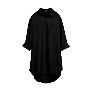 Bianstore Women's Oversized Linen Shirts Blouses Tops Long Sleeve High Low Button Up Shirts (Black-M)