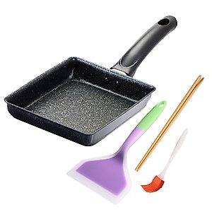 LOQJSS Tamagoyaki Pan Non Stick Japanese Omelette Pan,Cast Iron Rectangle Tamago Pan Small Frying Pan, Tamagoyaki Eggs Pan - Omelette Pan - with Silicone Brush, Chopsticks & Spetula