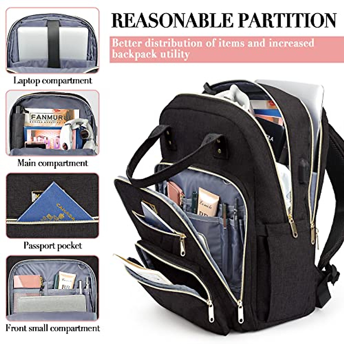 Kuosdaz Travel Laptop Backpack for Women, School Backpack for Teens, 15.6 Inch Work Laptop Bag with USB Port Charging, Water Resistant College School Bookbags for Girls, Black