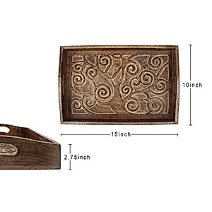 Tree of Life Hand Carved Wooden Breakfast Serving Tray with Handle for Tea Snack Dessert Kitchen Dining Serve-Ware Accessories 15 x 10 Inches