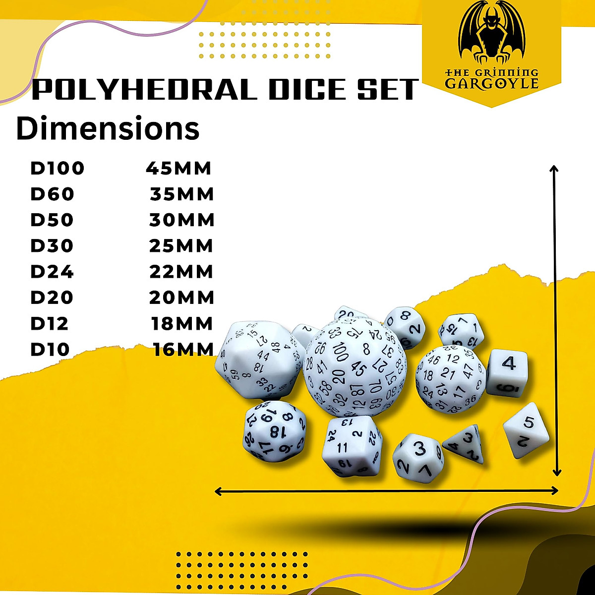 Grinning Gargoyle – 13x Deluxe Poly RPG Dice Set - Perfect for DND 5th Edition Pathfinder Starfinder Cyberpunk and Blades in The Dark – Includes a Giant 45mm 100 Sided Polyhedral Die or D100 (White)