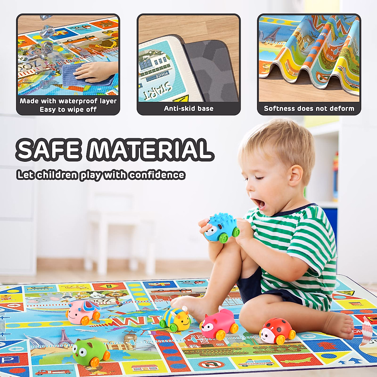 XQW Baby Toys Soft Cars for Toddlers 1-3,Rubber Toy Cars for 1+ Year Old Boys Girls,6pcs Push and go Toys car with 57"*38.5" playmat,Toddler Educational Toys Cars Gift for 1 2 3 4 Year Old boy Girl