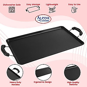Alpine Cuisine Aluminum Griddle Pan 19x11in | Nonstick Coating & Heat Resistant | Gas Stove Griddle for Cookware with Double Handle - Ideal for BBQ & Serving Pancakes, Hand Wash - Gray