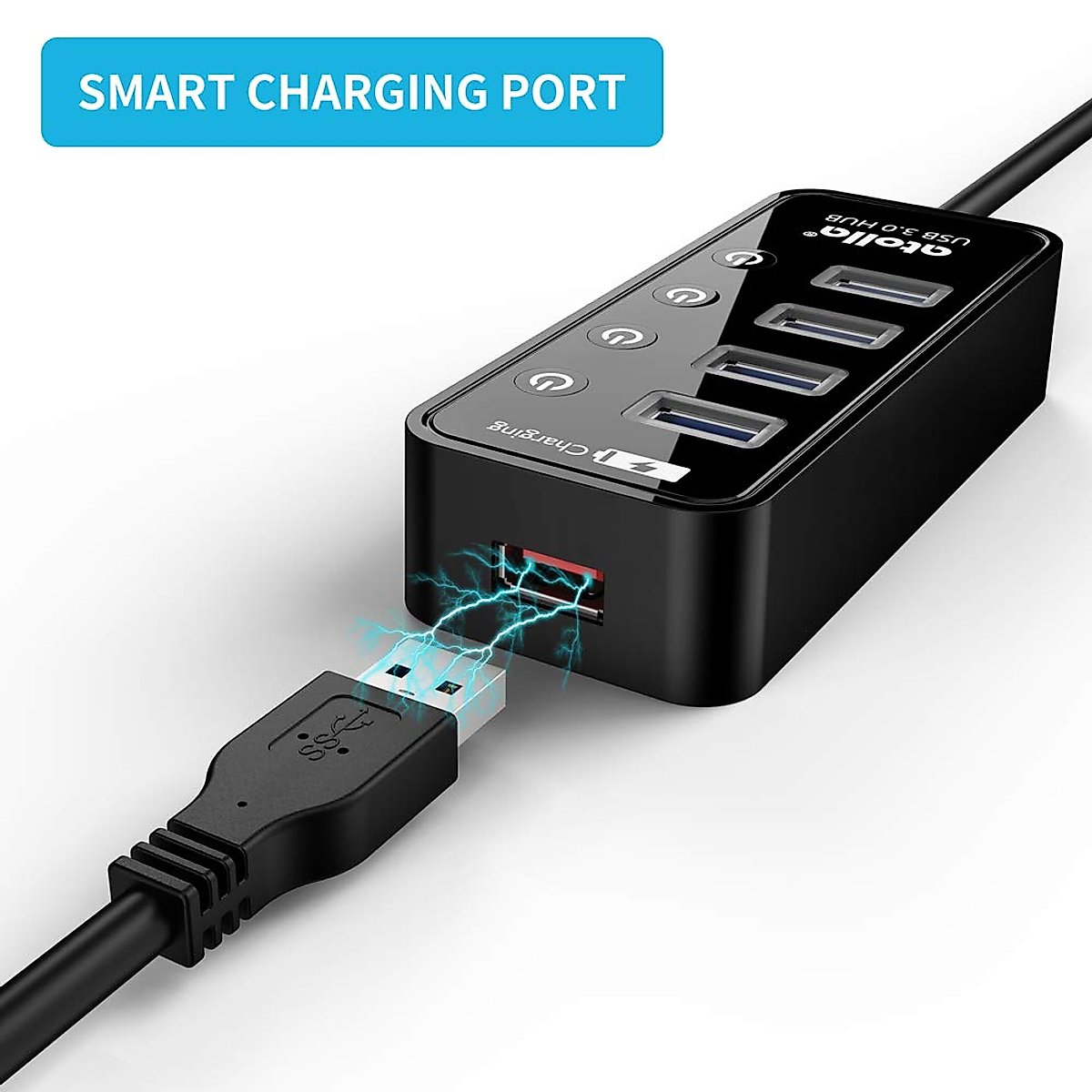Powered USB Hub Long Cord, atolla USB 3.0 Hub 4 + 1 Data Transfer and Charging Multiport with Power Supply Adapter 15W (5V/3A) and 3.3ft Meter USB 3 Extension Cable