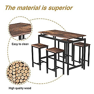 LinkRomat Dining Room Table Set, Bar Dining Table Set for 4, Industrial Kitchen Table with 4 Square Stools, 5 Piece Height Pub Dinner Table Set for 4, Bistro Table and Chairs for Small Spaces, Brown