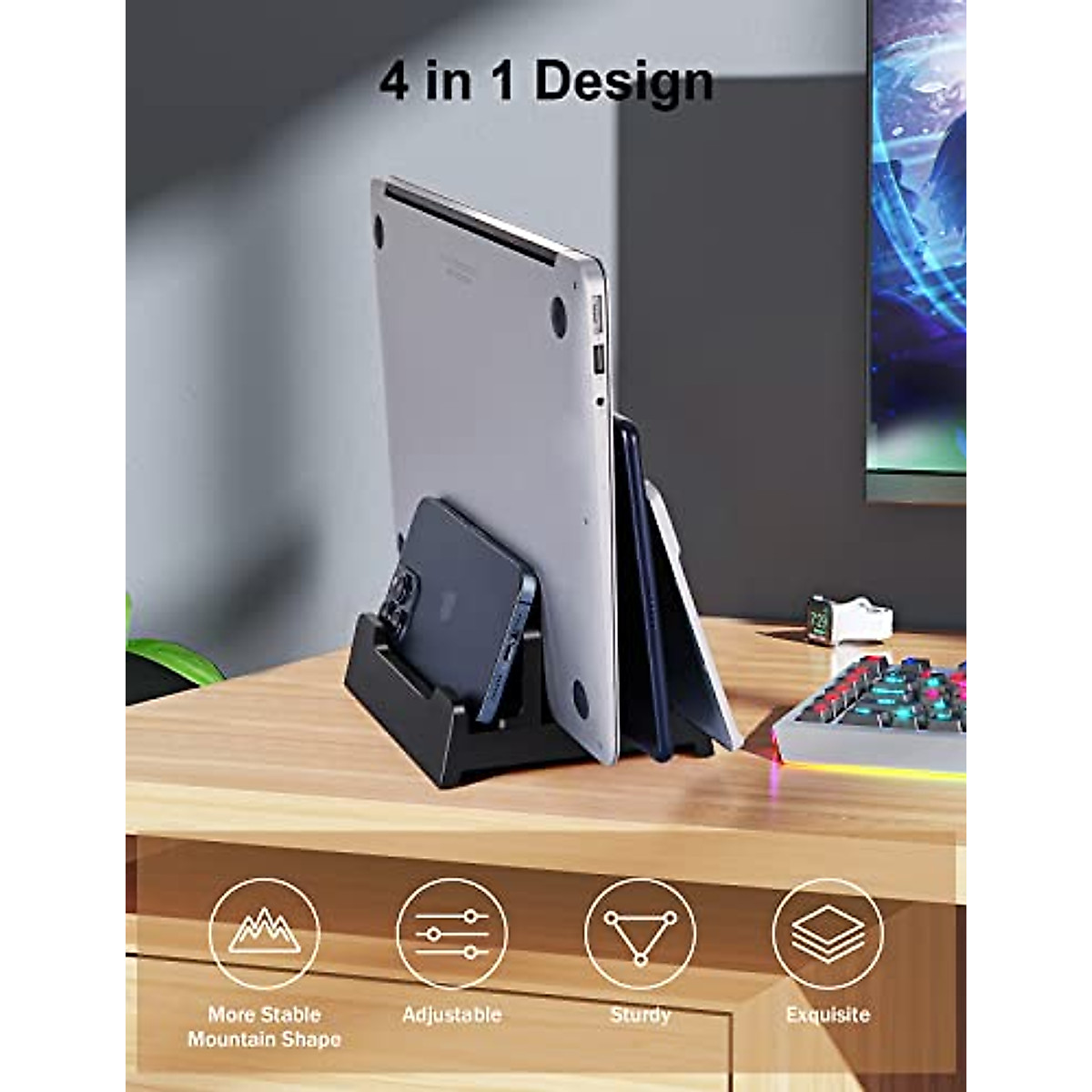 meatanty Dual Vertical Laptop Stand Holder 2 Slot MacBook Pro Vertical Stand Laptop Accessories, Desktop Storage for All MacBook/Surface/HP/Dell/Chrome Book Up to 17.3″ -Black