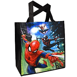Marvel Shop Spiderman Tote Bag Set for Kids, Adults ~ 6 Pc Bundle with 4 Large Superhero Reusable Grocery Bags, Avengers Stickers, and More | Spiderman Party Supplies and Favors