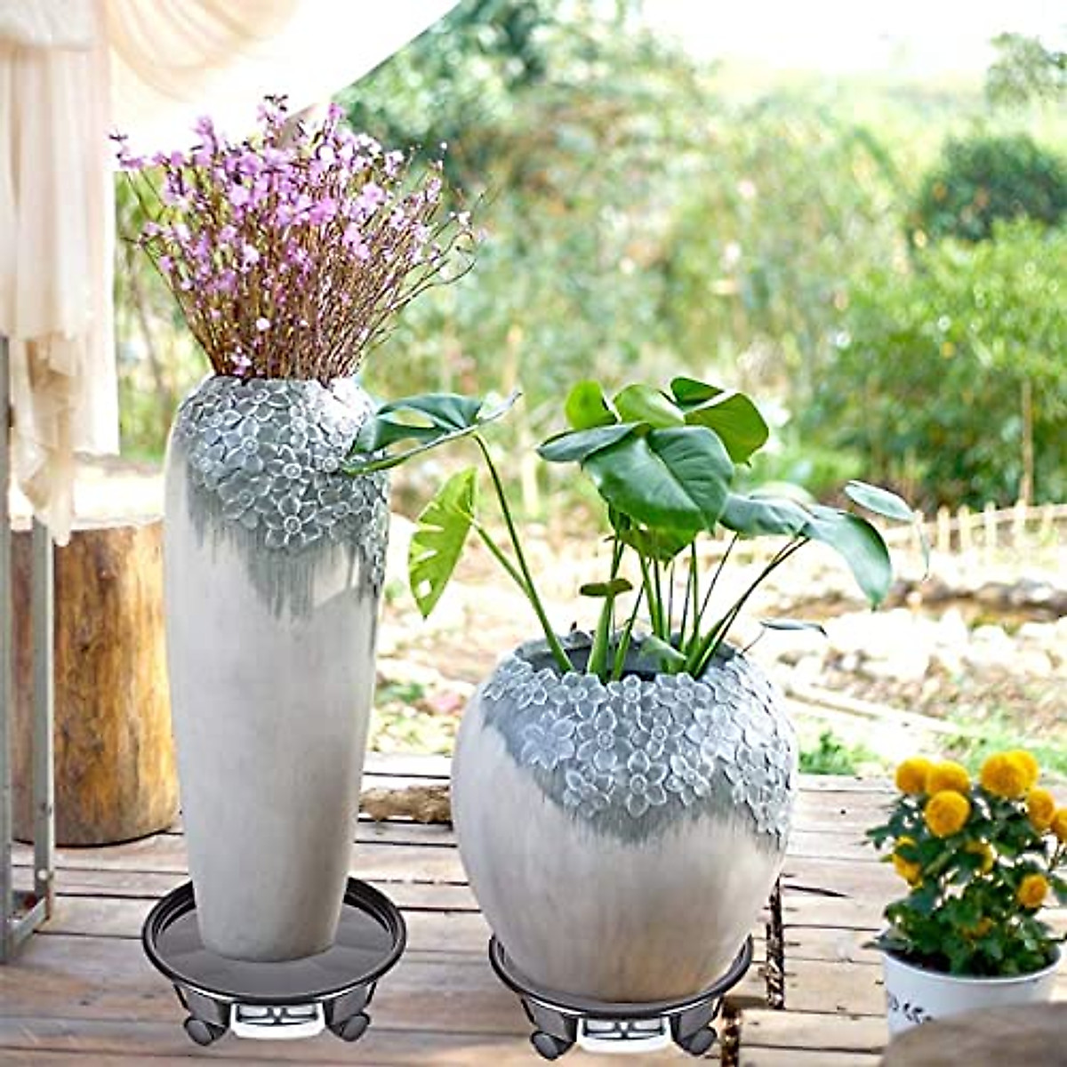 17.7inch Black Plant Caddy with Water Container, Heavy Duty Plant Stand with 5 Wheels, Round Flower Pot Mover Plant Saucer, Home Garden Planter Dolly Caster with Wheels Rolling Plant Tray (1pc)