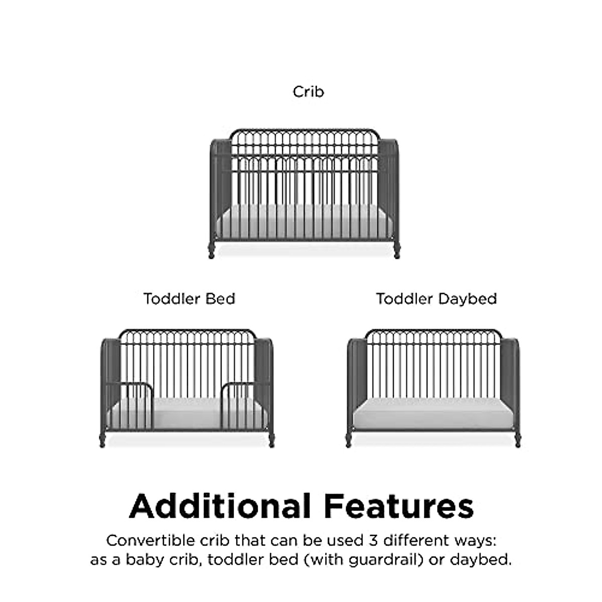 Little Seeds Raven 3-in-1 Convertible Metal Crib, JMPA Certified, Gray