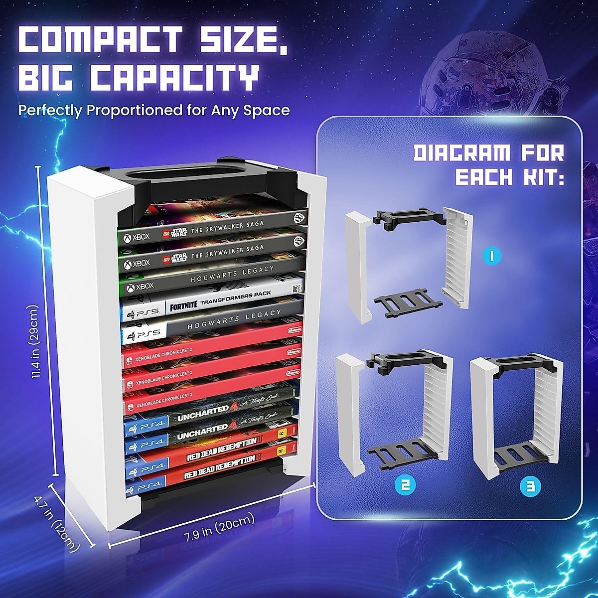 TNP Universal Video Game Storage Tower for PS5, PS4, PS3, Nintendo Switch, Xbox One, Xbox Series S/X - White Video Game Holder Organizer Stand with 12 CD Case Storage for Organizing & Displaying