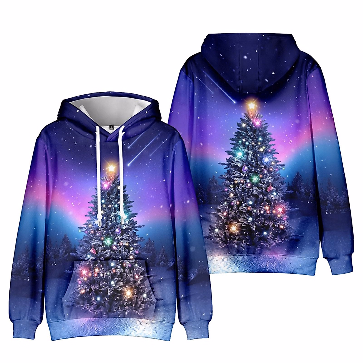 JWNYJFB Christmas Vacation Sweater, Mens Clothes Trendy Funny Christmas Tree Graphic Print Long Sleeve Drawstring Hoodies Pullover with Pockets Plus Size Holiday Sweater(B-Blue,L4)