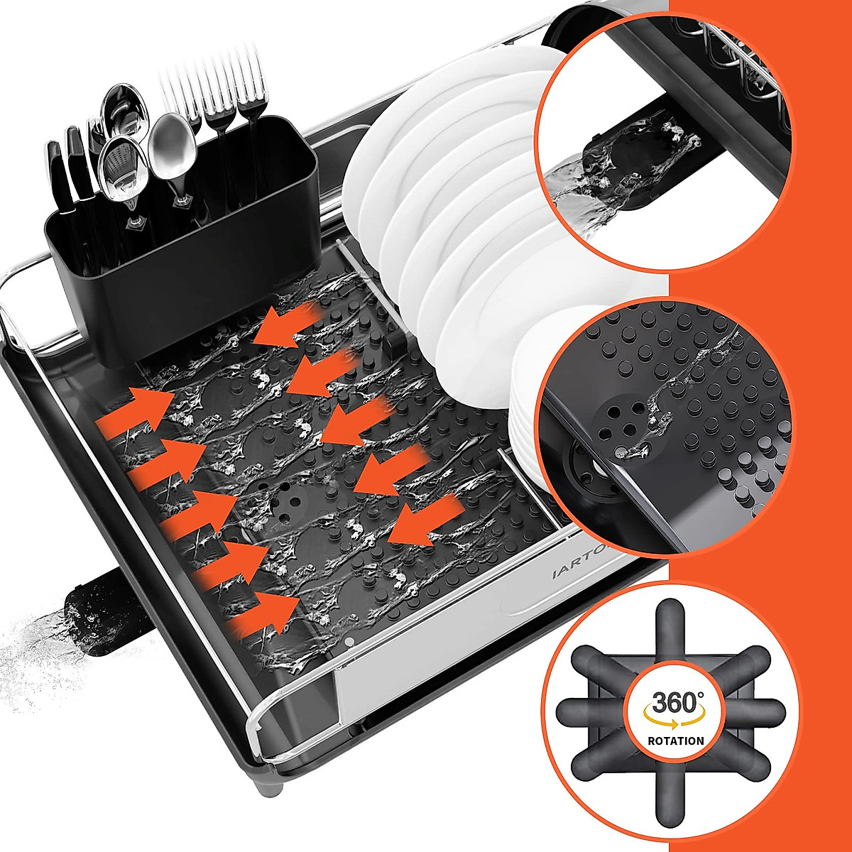 IARTOPS Dish Drying Rack, Dish Rack for Kitchen Counter, Expandable Stainless Steel Dish Strainer with Drainboard, Large Capacity Dish Drainer with Glass Holder, Utensil Holder