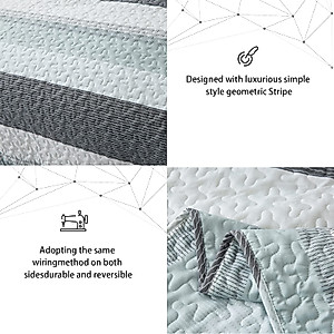 Mybedsoul Queen Quilt Set (96x90 Inch) - 3-Piece Mint Green Patchwork Bedspread Coverlet Set with 1 Striped Quilt and 2 Pillowcases - Soft Microfiber Stitched Bedding for Luxurious Comfort