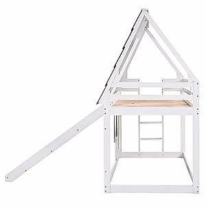 Merax Twin Over Twin House Bunk Bed Frame with Roof,Window,Ladder and Slide for Boys Girls, White & Brown