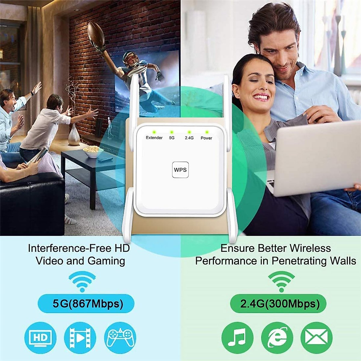 WiFi Range Extender, 1200Mbps WiFi Range Extender Wireless Signal Repeater Booster, Dual Band 2.4G and 5G Expander, 4 Antennas 360° Full Coverage, Extend WiFi Signal to Smart Home Devices（1200M）