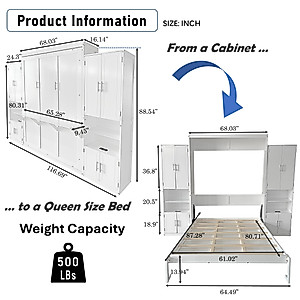 DNYN Queen Size Murphy Bed with Desk & Two Slide Storage Shelf & 68-inch Wall Bedframe Folding into Cabinet Design,for Small Space,Bedroom,Guest Room, White