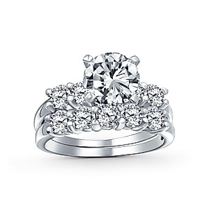 Classic 3.5CT Round Brilliant Cut Solitaire AAA CZ Side Stones Anniversary Engagement Wedding Band Ring Set For Women .925 Sterling Silver