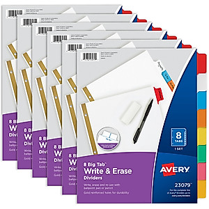 AVERY 8-Tab Binder Dividers, Write & Erase Multicolor Big Tabs, 6 Sets, School Binder Organizers (23079) - 73079